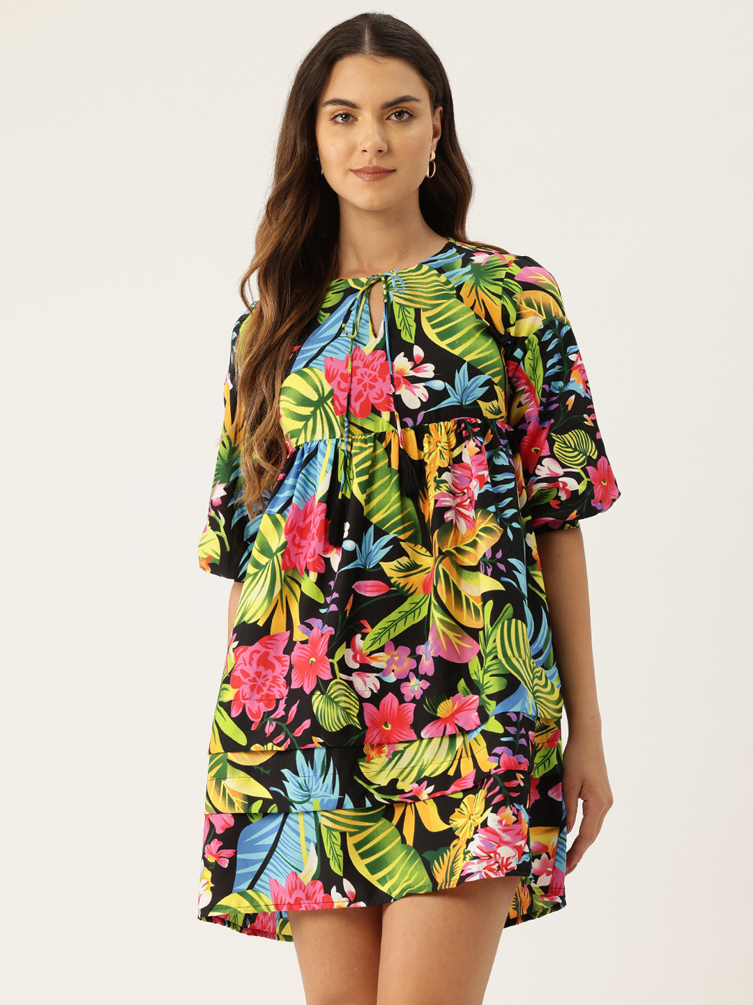 Buy Rue Collection Tropical Print Tie Up Neck Fit & Flare Mini Dress ...