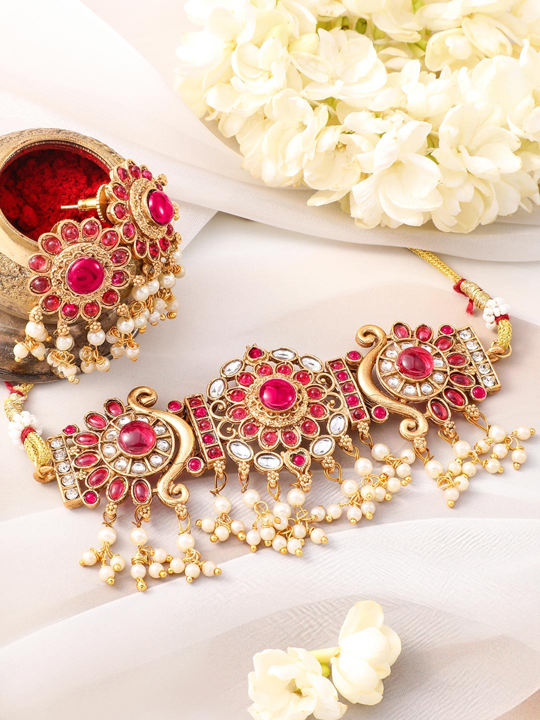 Buy Rubans 22K Gold Plated Ruby Pink Kundan Studded Choker Jewellery Set With Pearl Accents ...