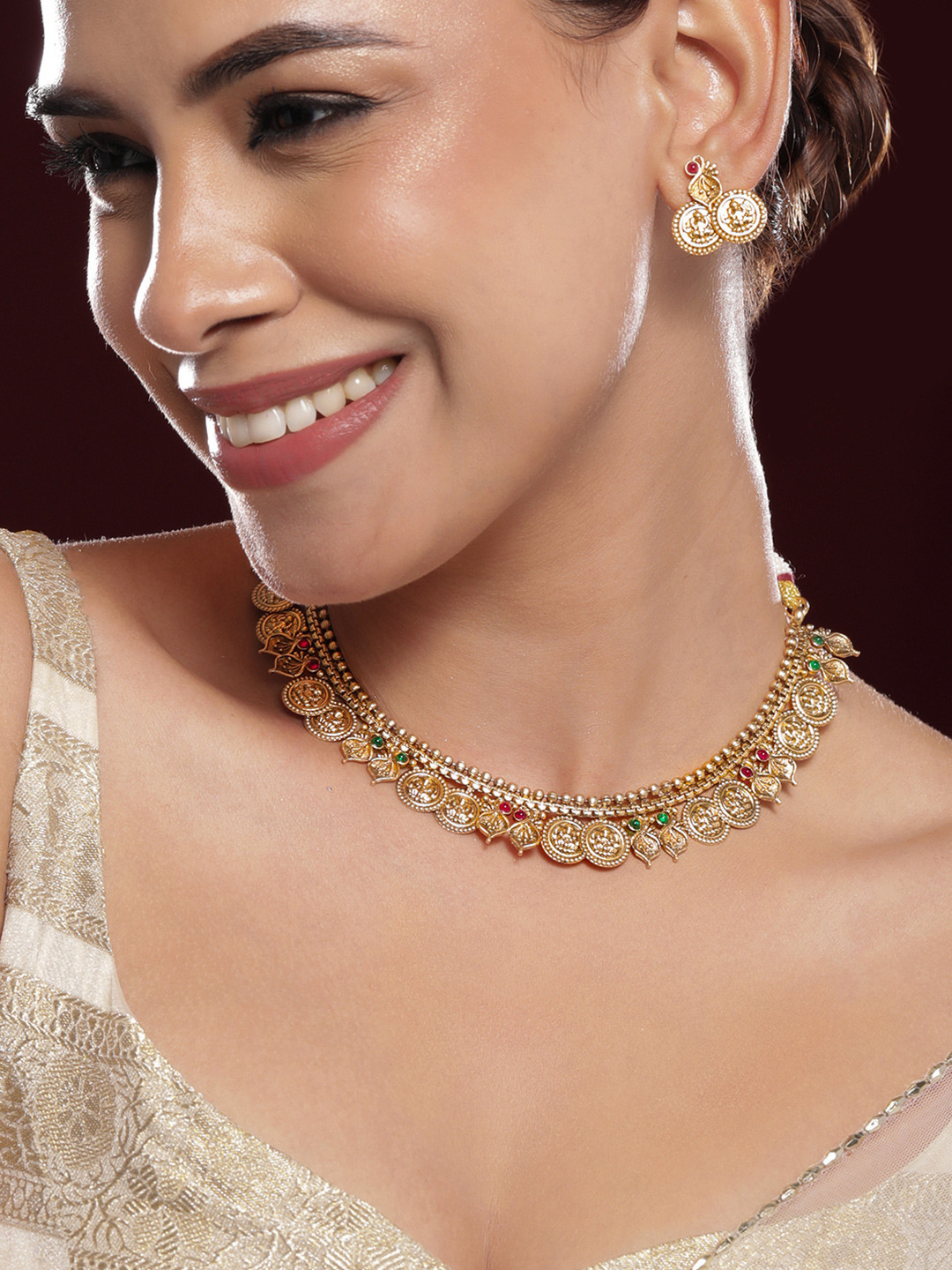 Buy Rubans 22K Gold Plated Traditional Coin Necklace Set With Ruby Pink & Emerald Green Stones ...