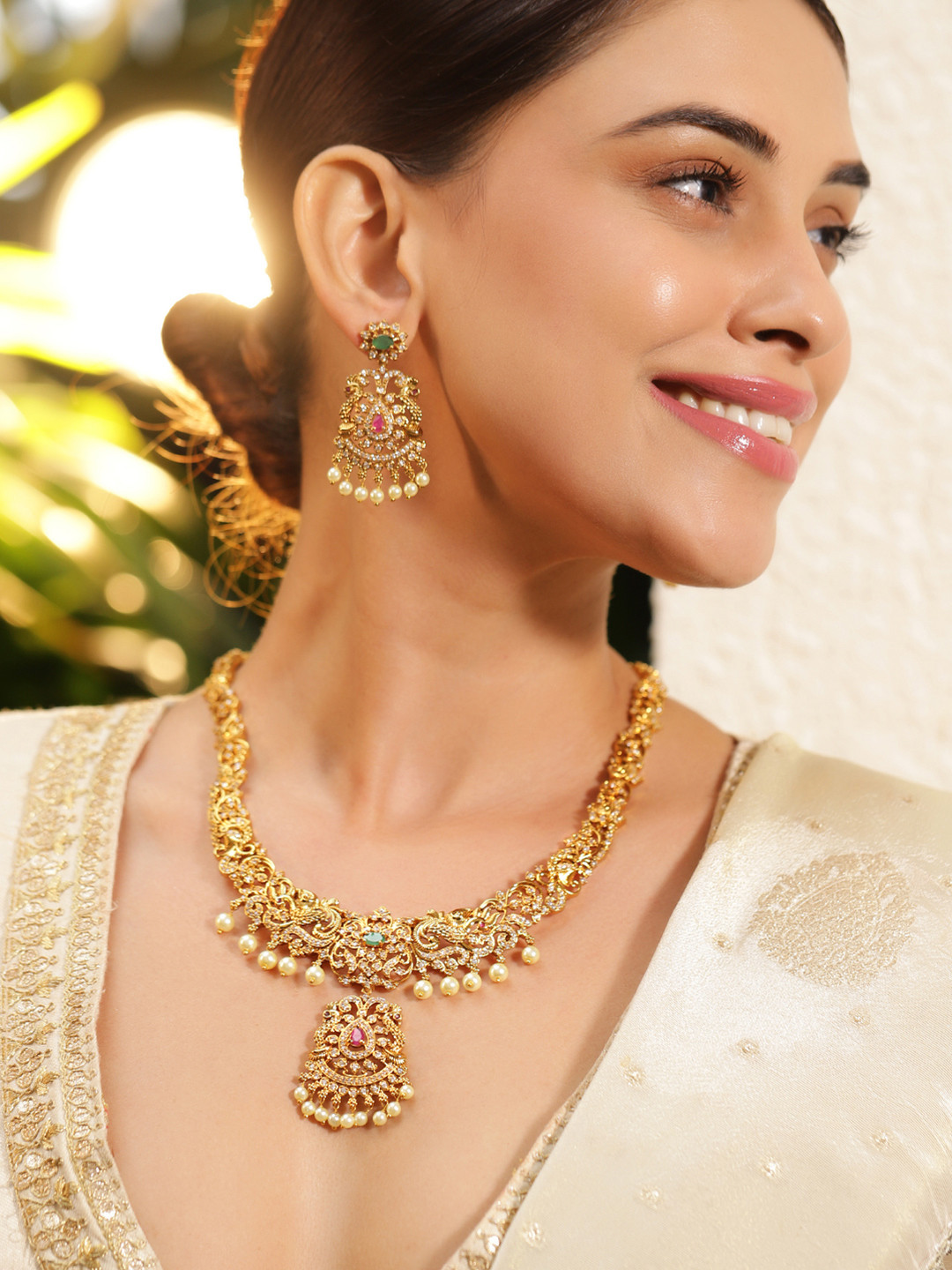 Buy Rubans 22K Gold Plated Emerald, Ruby Pink & Cubic Zirconia Jewellery Set With Pearl Beads ...