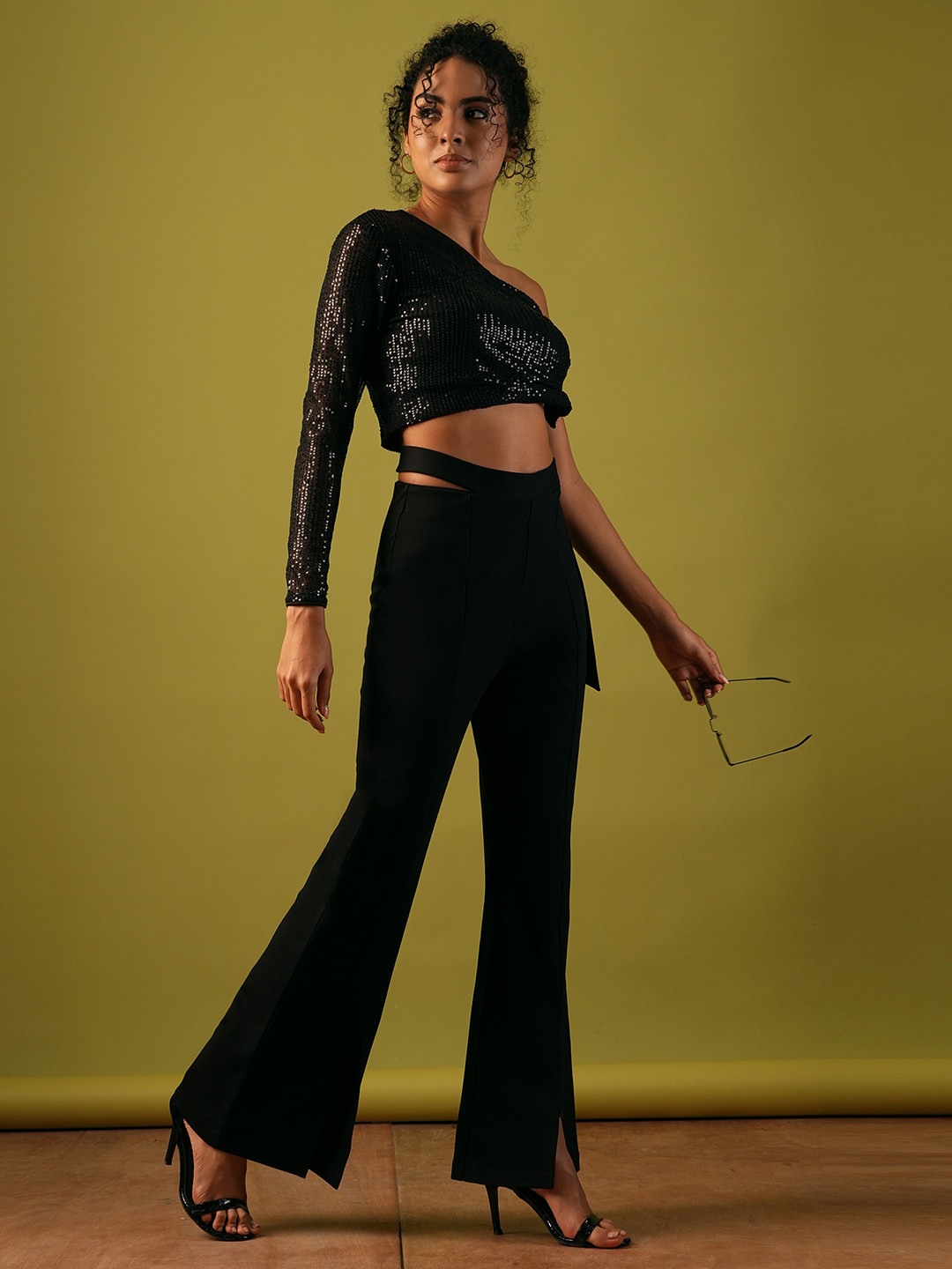 Buy Globus Stretchable High Rise Cut Out Detail Waist Tie Up Front Slit ...