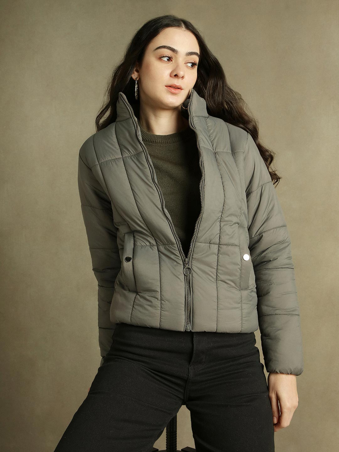 Buy DL Woman Women Mock Collar Solid Casual Padded Jacket - Jackets for ...