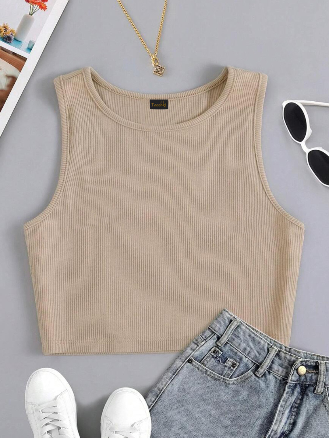 Buy TOOCHKI Women Round Neck Sleeveless Lycra Fitted Crop Tank Top ...