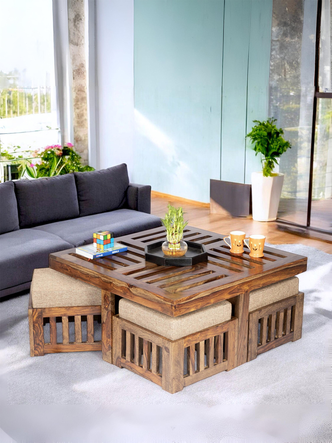 Buy Ikiriya Sheesham Wood Accent Coffee Table Set In Teak Finish ...