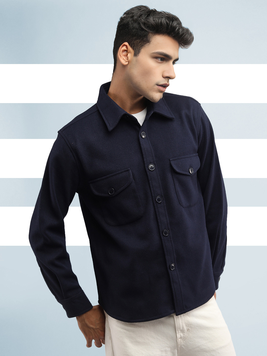 Buy The Roadster Lifestyle Co Spread Collar Long Sleeve Woolen Shacket ...