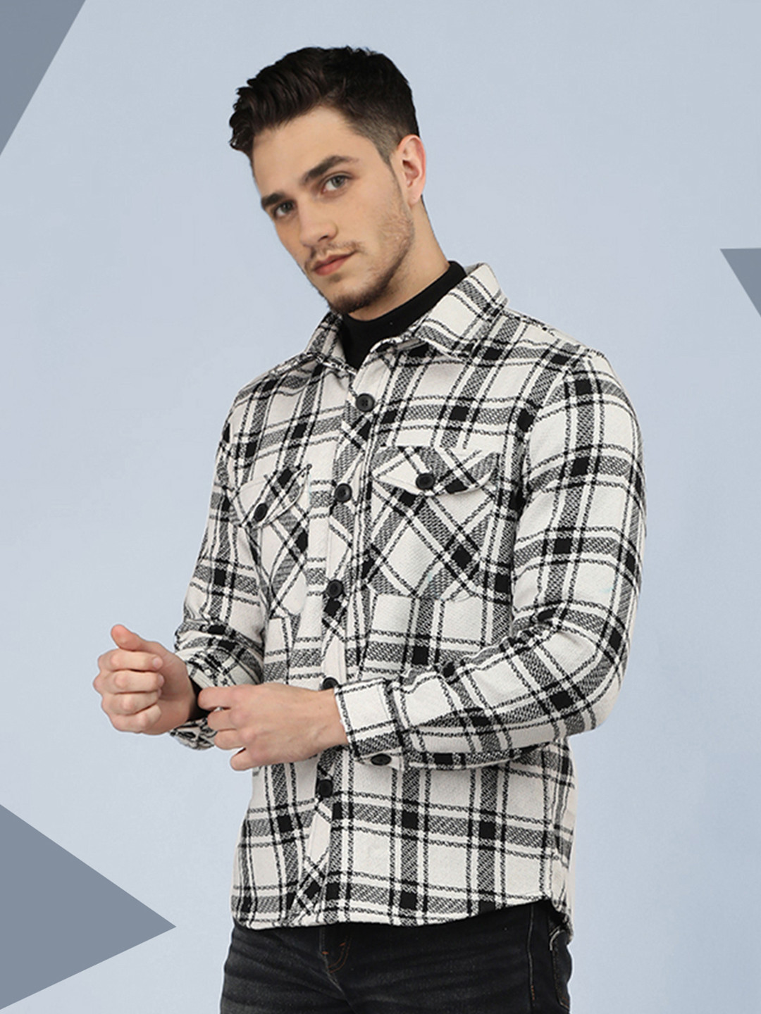 Buy The Roadster Lifestyle Co Checked Spread Collar Long Sleeve Woolen ...