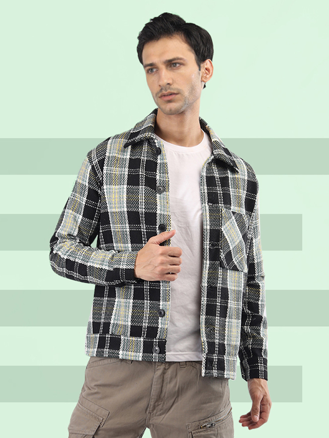 Buy The Roadster Lifestyle Co Checked Spread Collar Long Sleeve Woolen ...