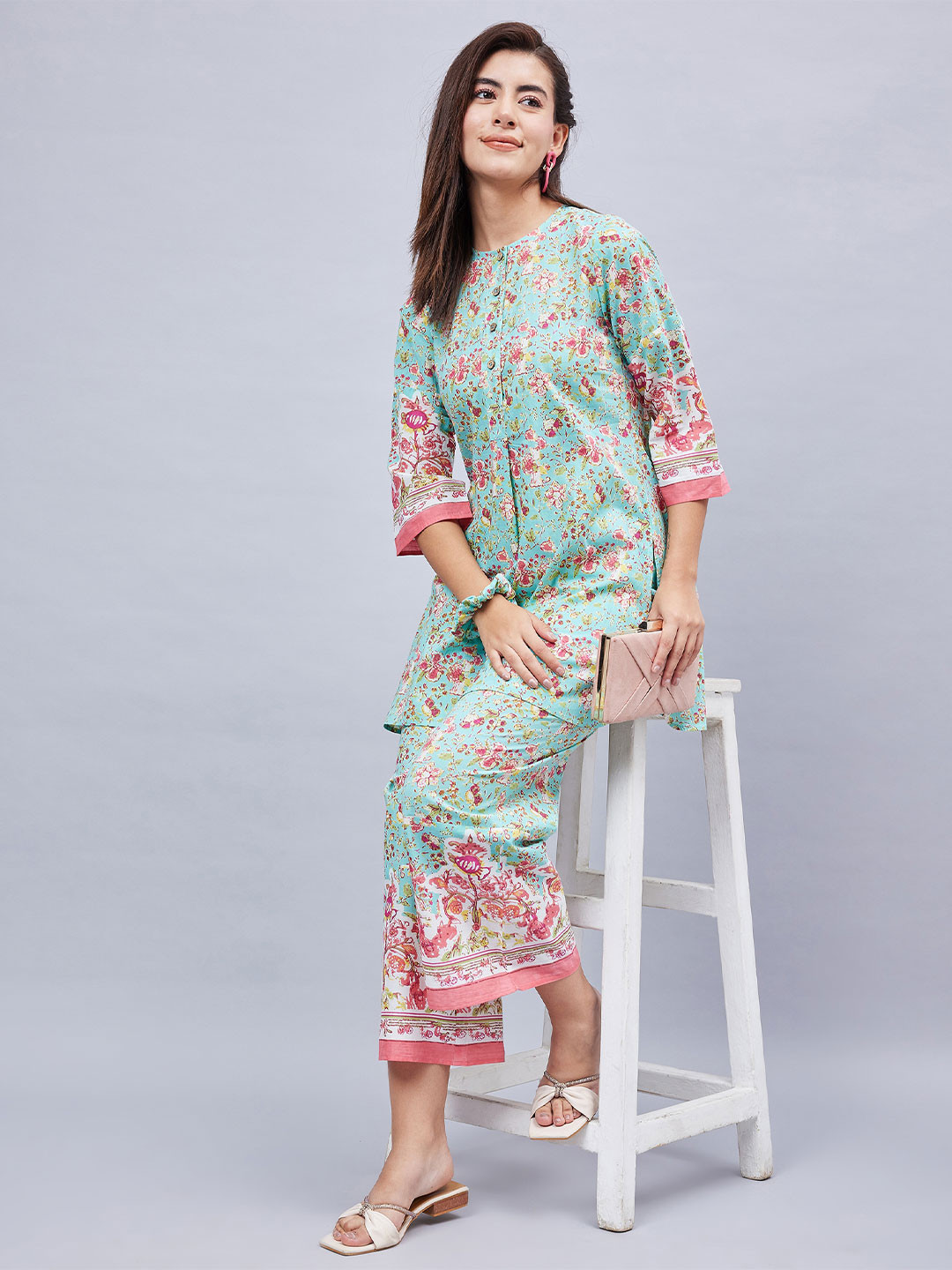 Buy WineRed Floral Printed Round Neck Pure Cotton Top With Trouser ...