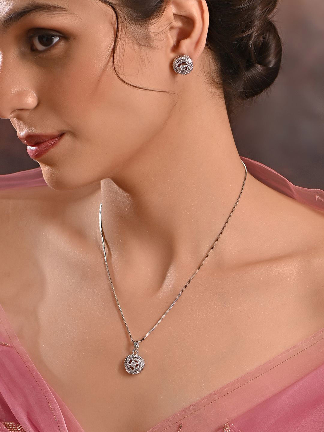 Buy Fida Silver Plated CZ Stone Studded Pendant And Earrings ...