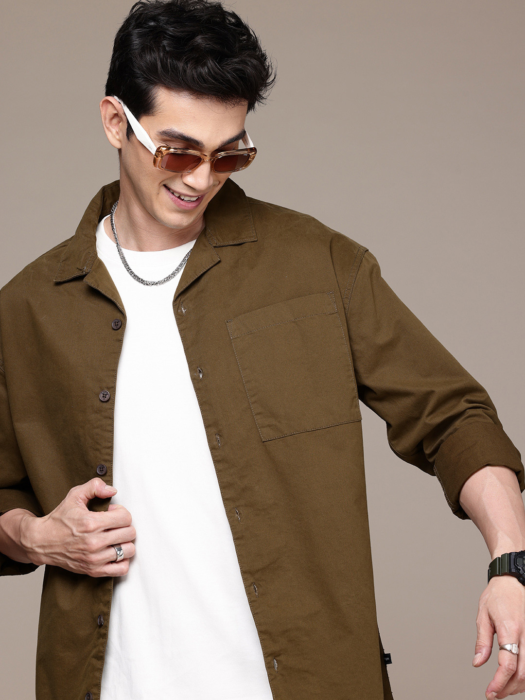 Buy WROGN Drop Shoulder Sleeves Oversized Pure Cotton Casual Shirt ...