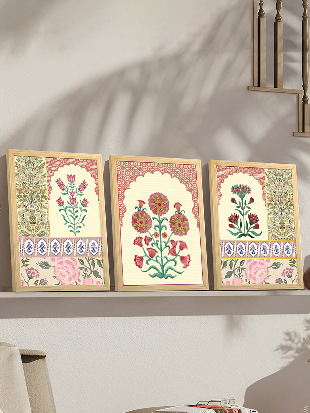 Buy Art Street Peach Coloured & Green 3 Pieces Mughal Painting Wall Art ...