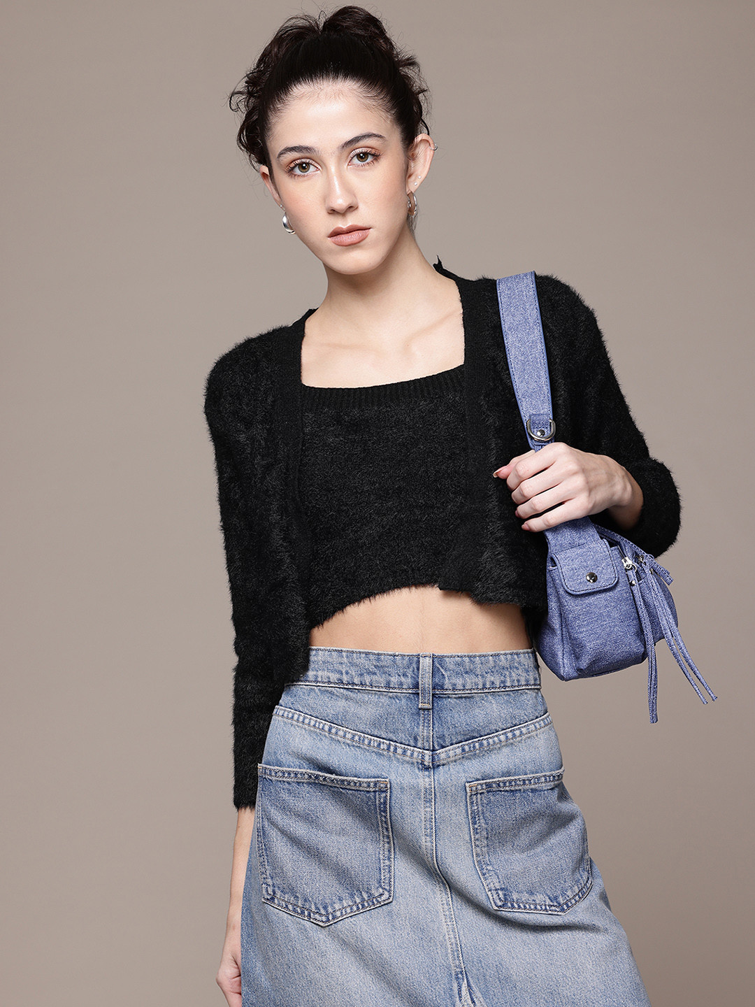 Buy Roadster Boucle Woollen Crop Front Open Sweater & Top With Fuzzy ...