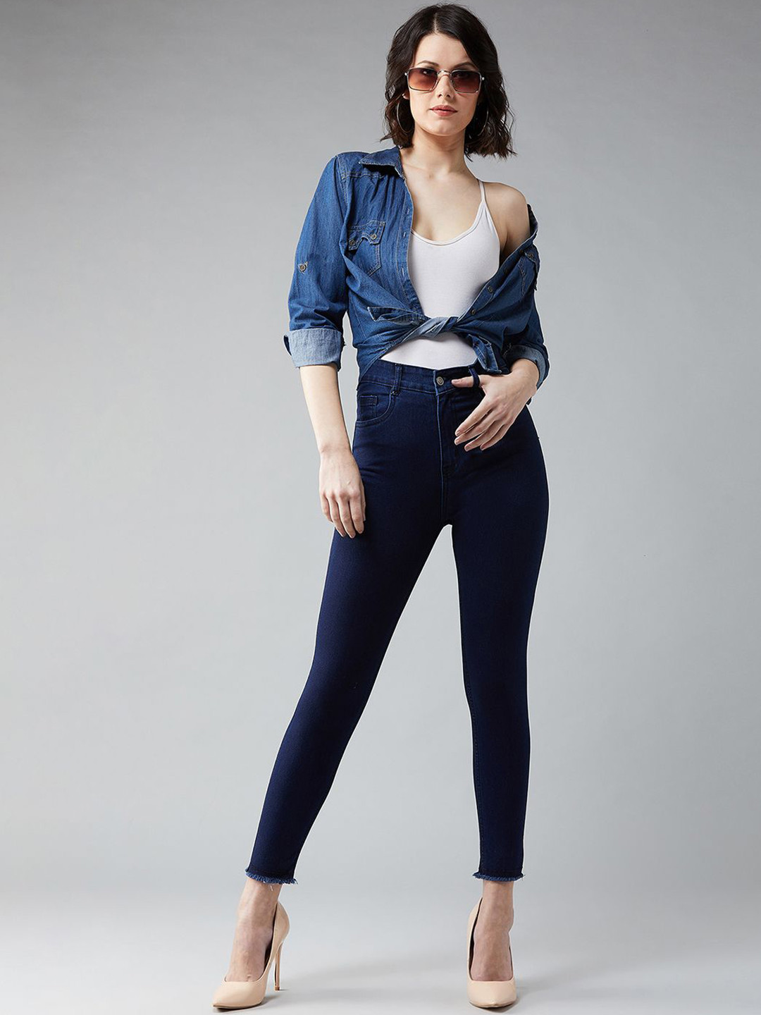 Buy Roadster Women Skinny High Rise Fringed Hemline Stretchable Denim ...