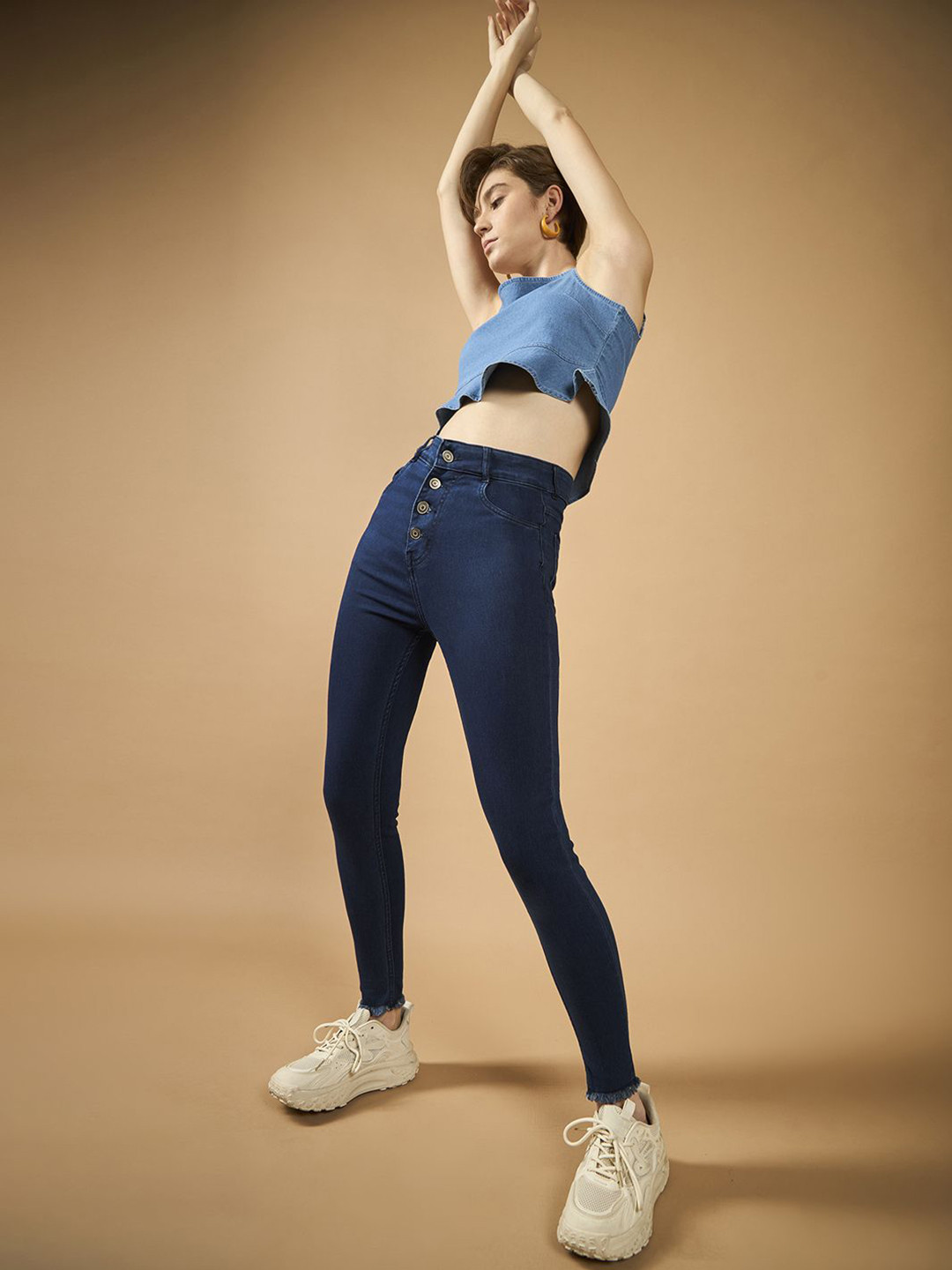 Buy Roadster Women Skinny High Rise Fringed Hemline Stretchable Denim ...