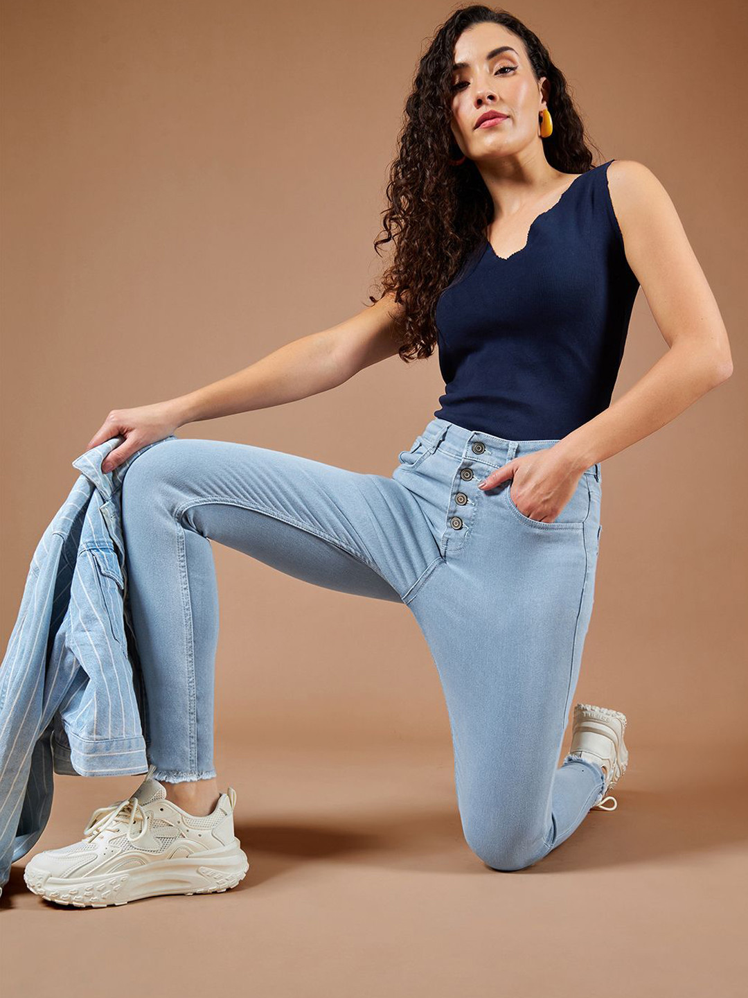 Buy The Roadster Lifestyle Co Skinny High Rise Fringed Hemline Solid ...