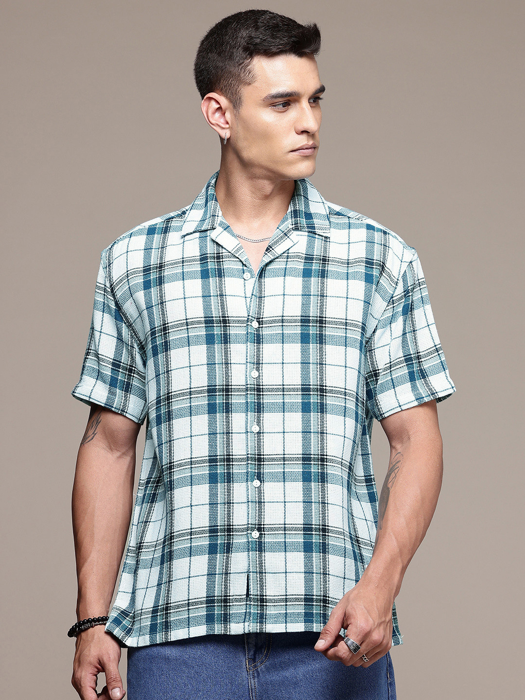 Buy The Roadster Life Co. Self Checked Cuban Collar Relaxed Fit Casual Shirt - Shirts for Men ...