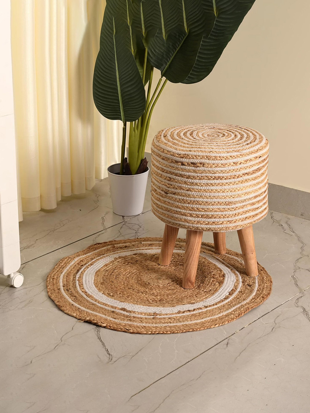 Buy Kuber Industries Brown 2 Pieces Striped Carpet & Round Ottoman ...