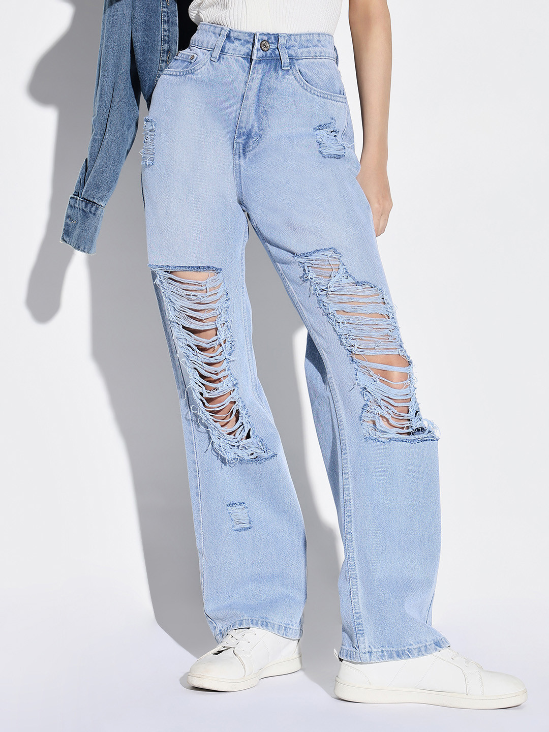 Buy SHOWOFF Women Comfort Wide Leg Highly Distressed Light Fade Jeans ...