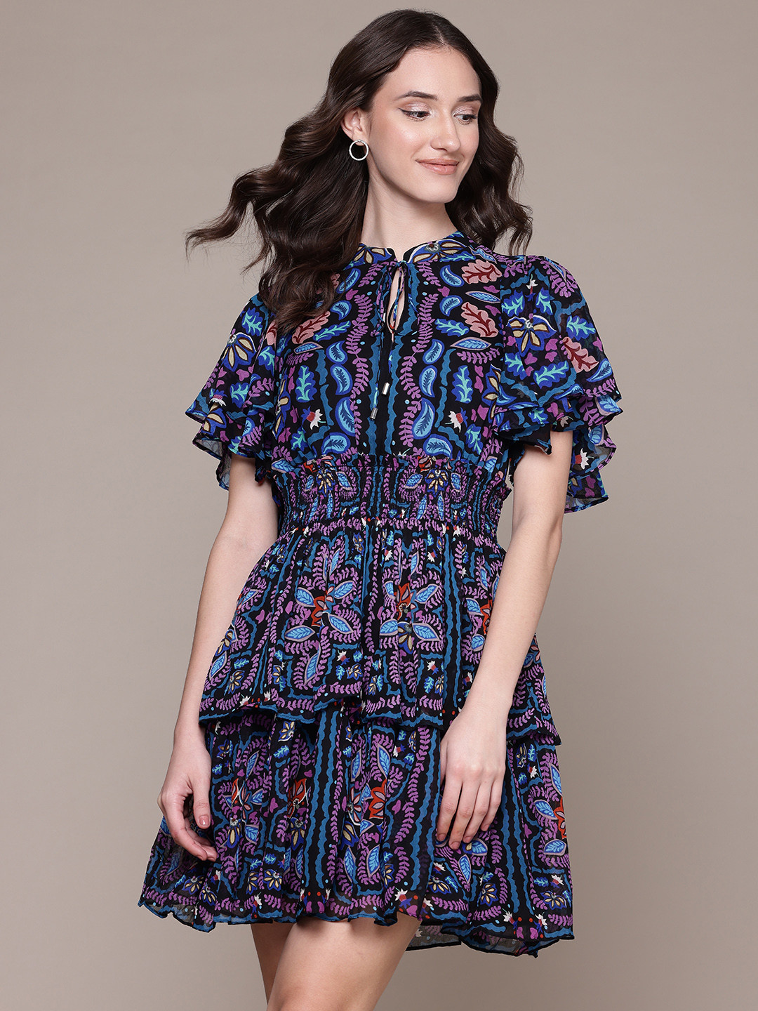 Buy Label Ritu Kumar Ethnic Motifs Print Tie Up Neck Flutter Sleeves ...