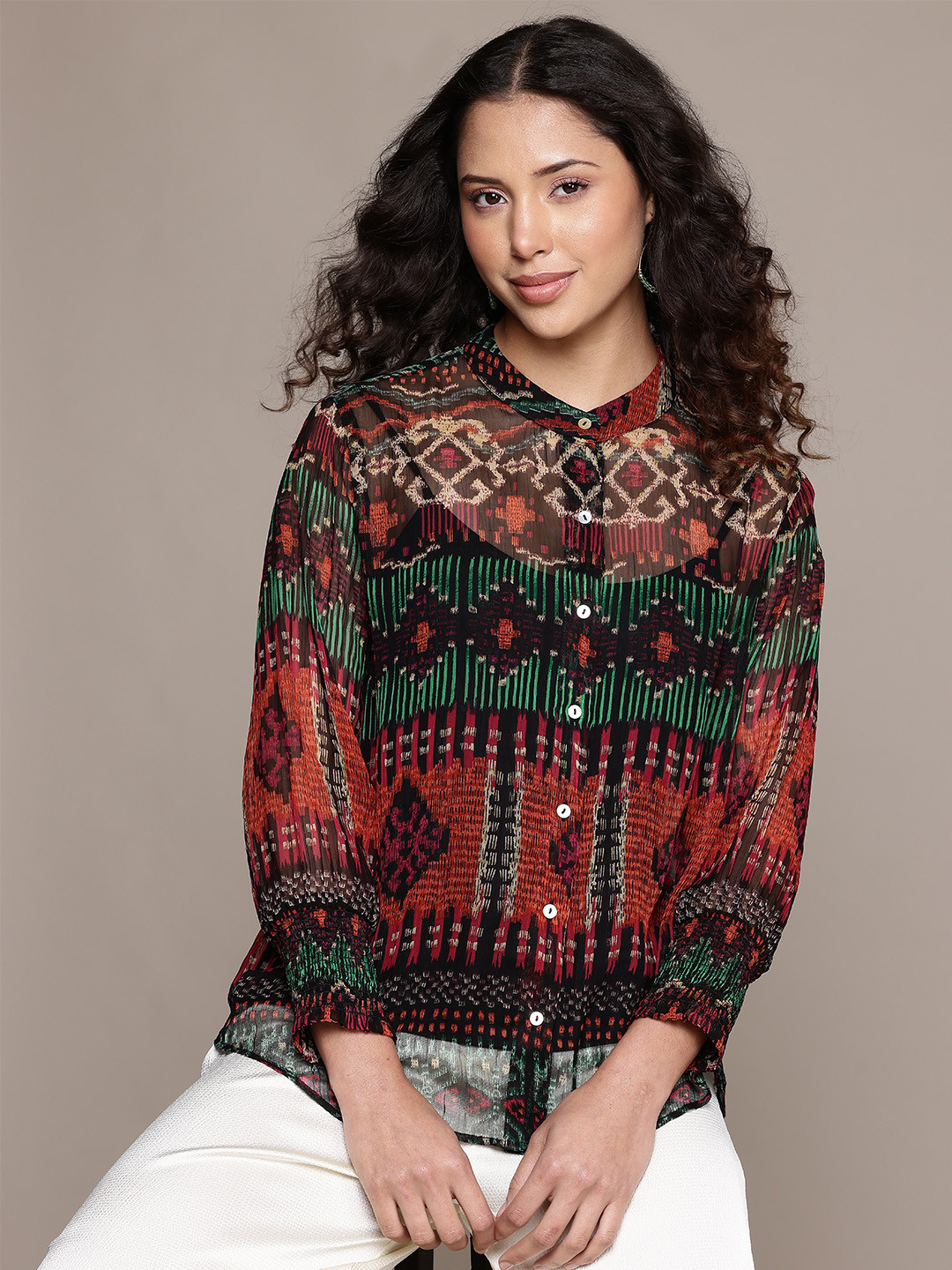 Buy Label Ritu Kumar Relaxed Semi Sheer Printed Casual Shirt - Shirts ...