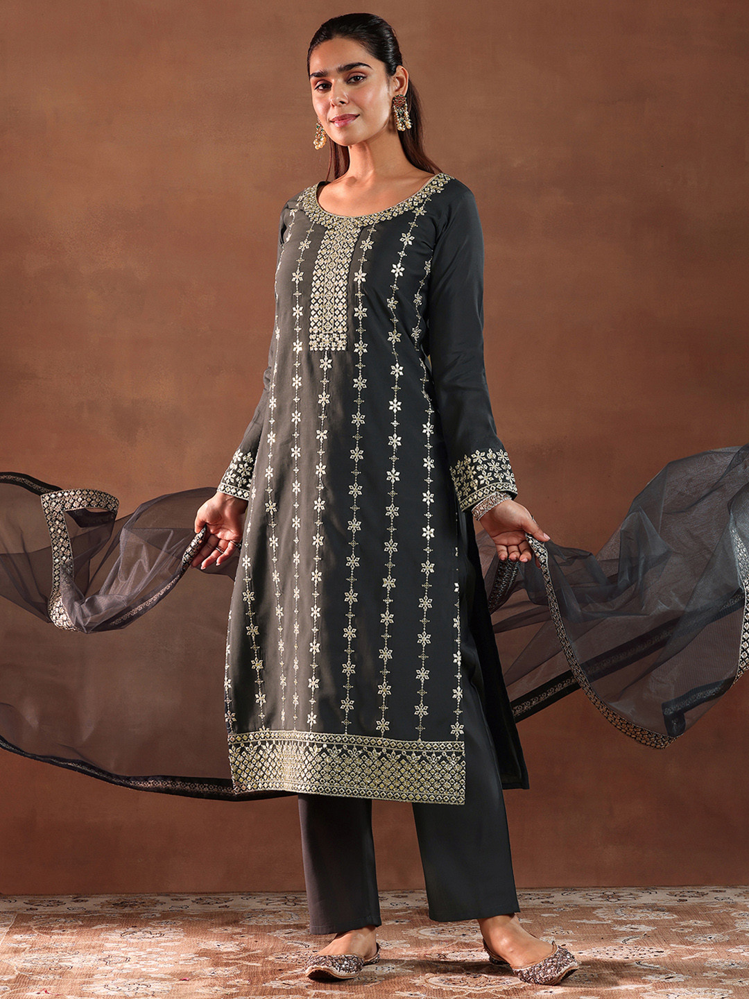 Buy Libas Grey And Silver Ethnic Motifs Zari Embroidered Straight Kurta With Trouser & Dupatta ...