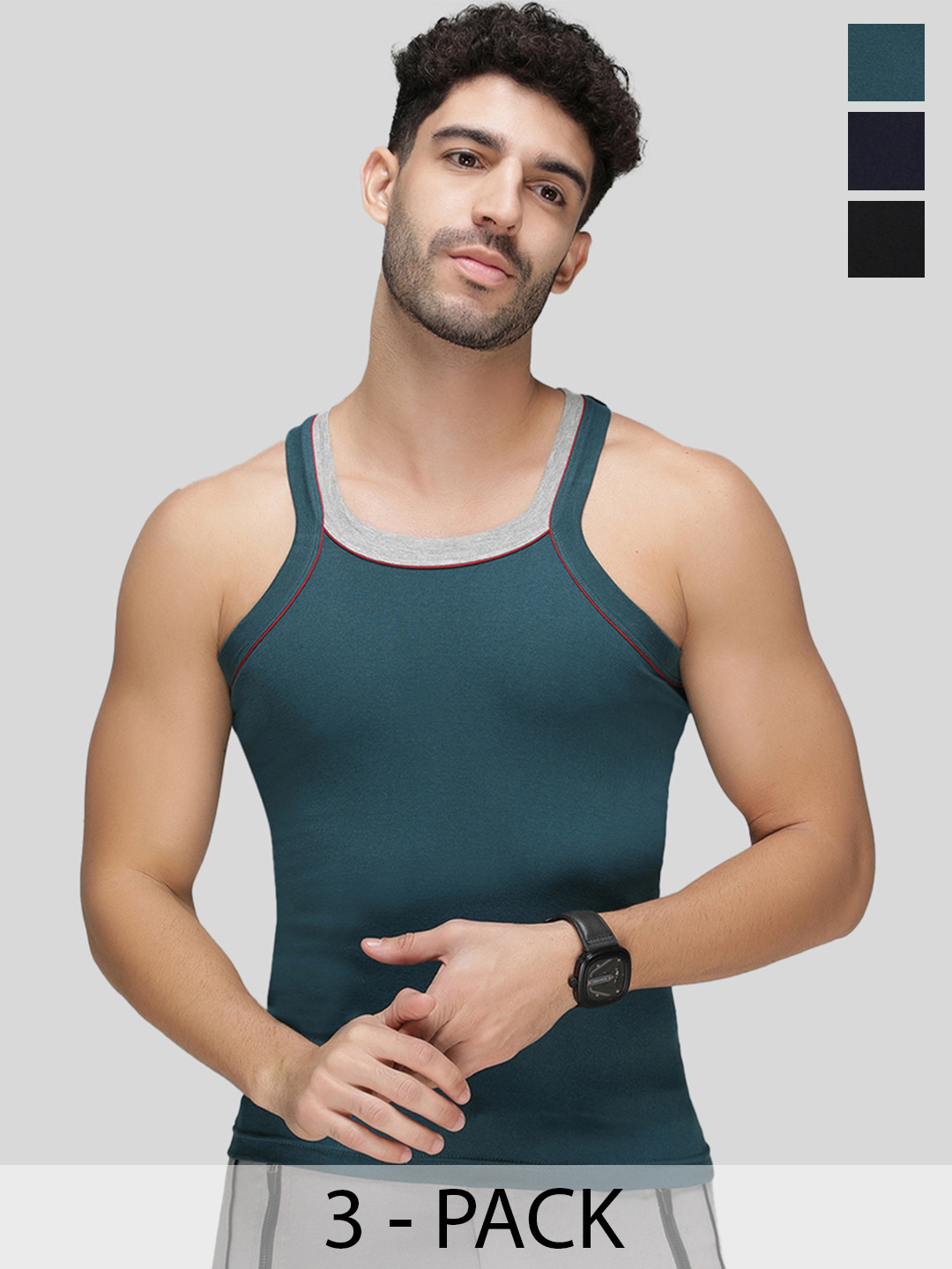 Buy AMUL COMFY Pack Of 3 Pure Cotton Gym Vests AC VE GVESTDF RD NY BLK ...