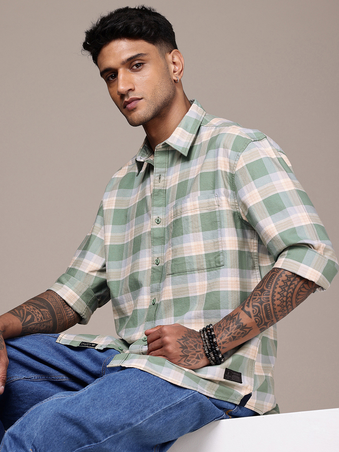 Buy The Roadster Life Co. Pure Cotton Checked Drop Shoulder Sleeves Relaxed Fit Casual Shirt ...