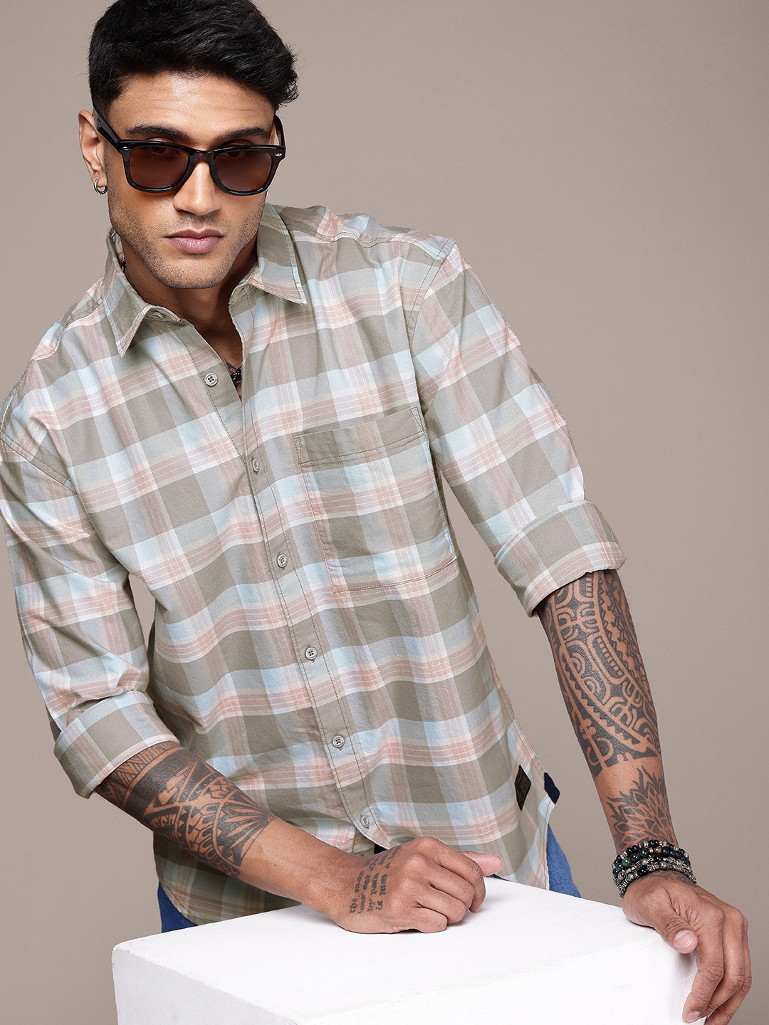 Buy The Roadster Life Co. Pure Cotton Checked Drop Shoulder Sleeves Relaxed Fit Casual Shirt ...