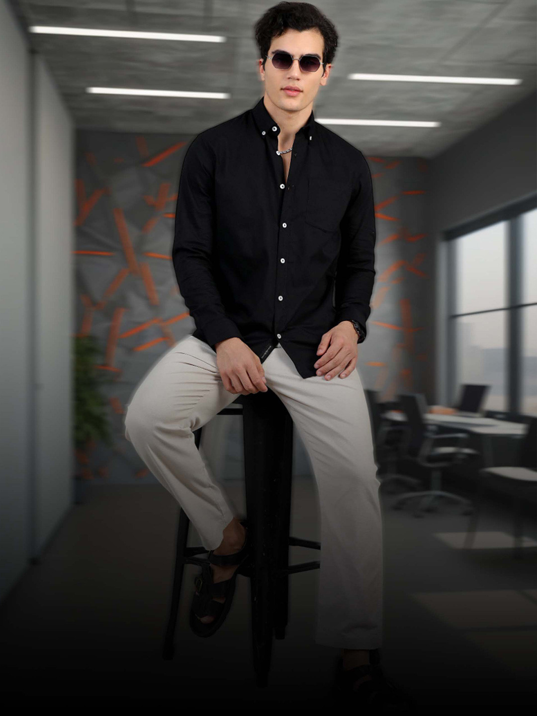 Buy HOUSE OF MAHNOTS Men Classic Button Down Collar Solid Cotton Casual ...