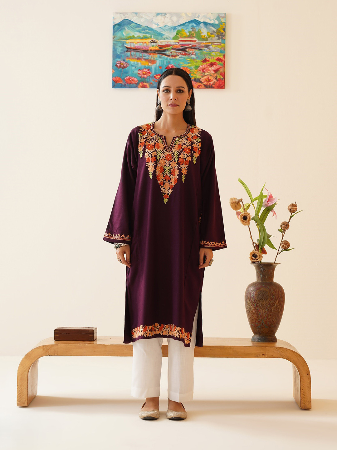 Buy Kashmir Box Aari Embroidered Cashmilon Winter Kashmiri Phiran ...