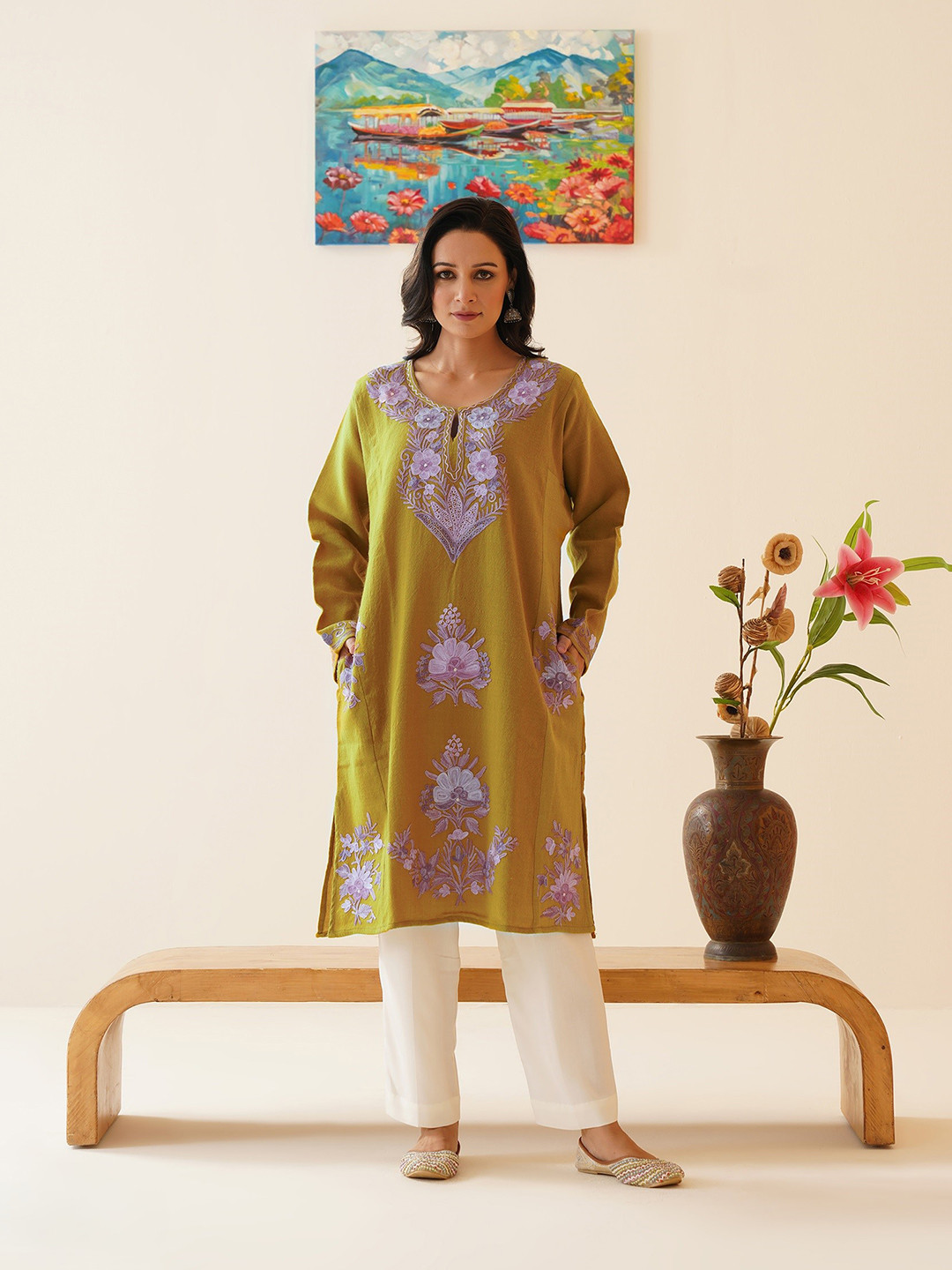 Buy Kashmir Box Aari Embroidered Pure Wool Winter Kashmiri Phiran ...