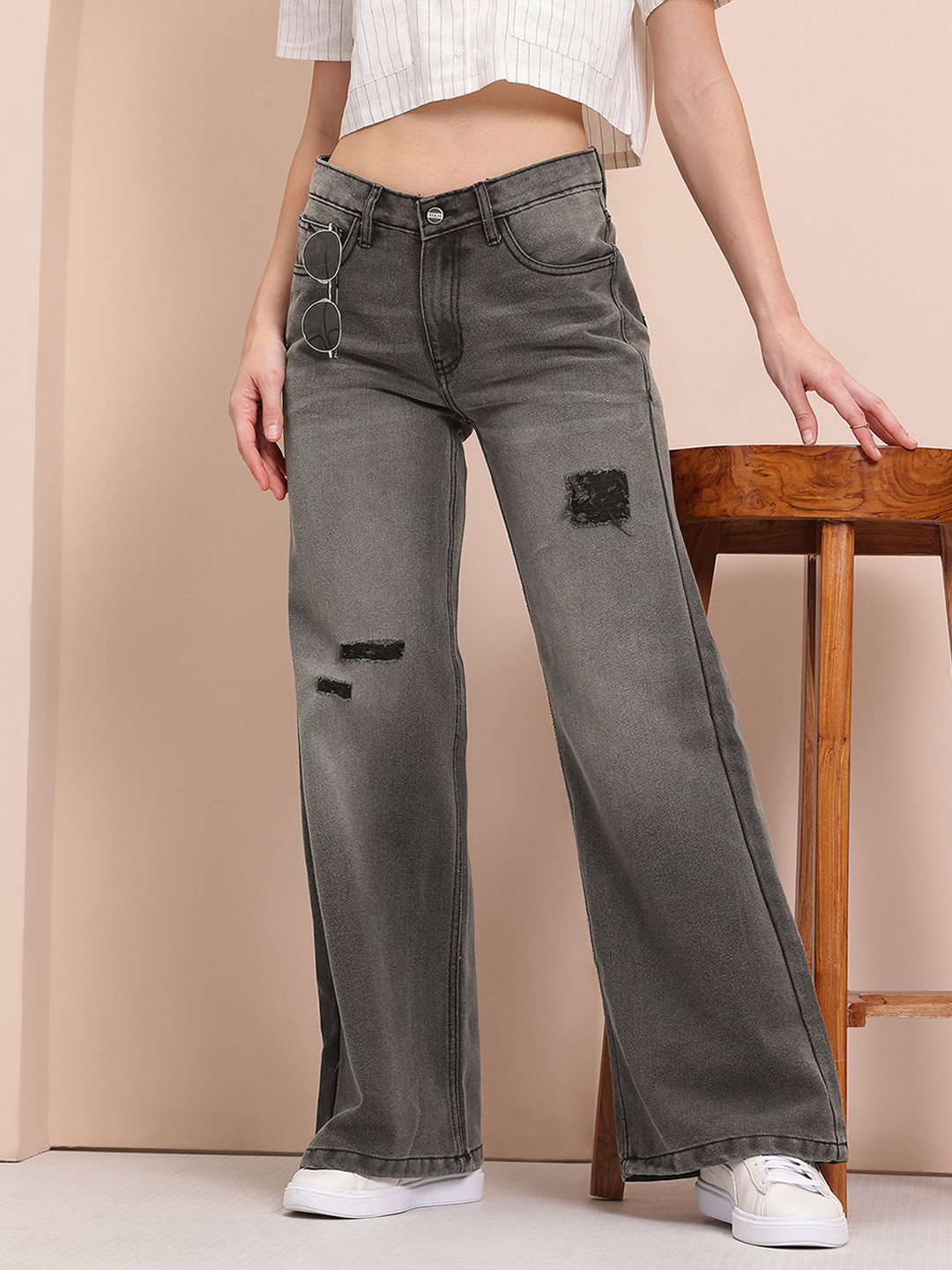 Buy Mast & Harbour Women Wide Leg Low Distress Light Fade Stretchable ...