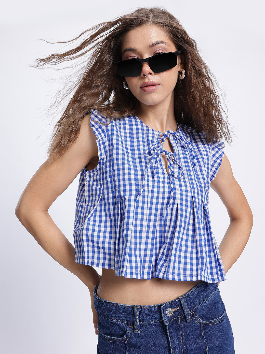 Buy Glitchez Summer Checks Pleated Tie Up Neck A Line Top - Tops for ...