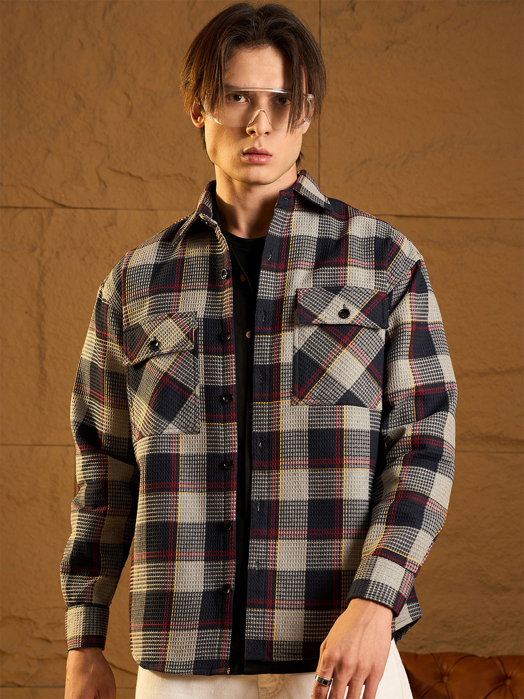 Buy DENNISON Men Double Pocket Drop Shoulder Oversized Cotton Checked ...