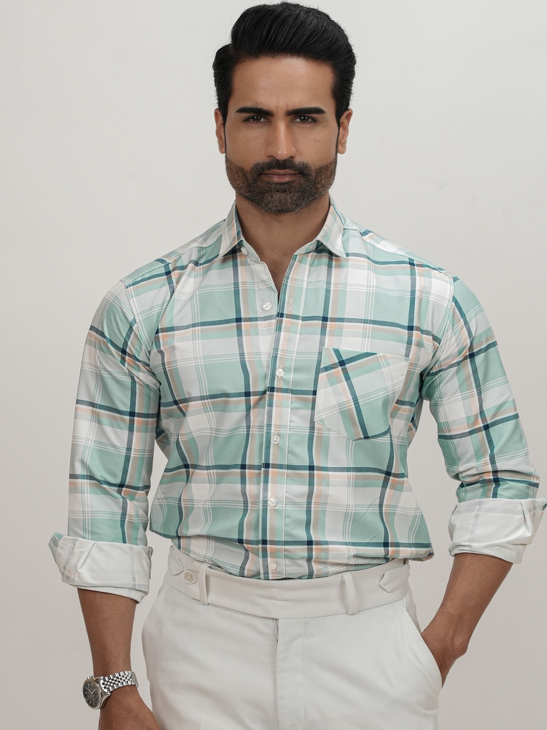 Buy DIOGO LOUIS White Strip Checked Cotton Blend Formal Shirt For Men ...