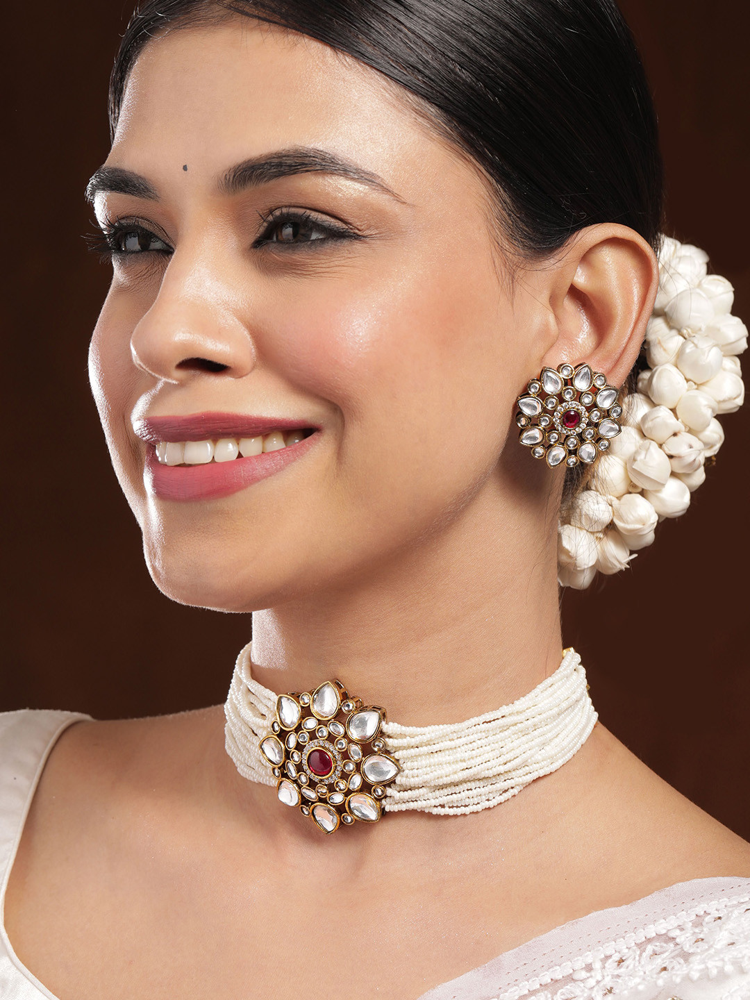 Buy Rubans 22K Gold Plated Kundan & Ruby Studded Multi Strand Pearl Beaded Choker Necklace Set ...