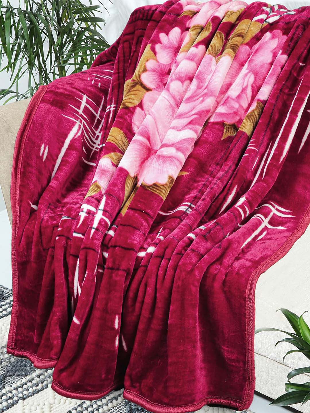 Buy Bsb Home Pink & Red Mink Mild Winter 300 GSM Double Bed Blanket ...