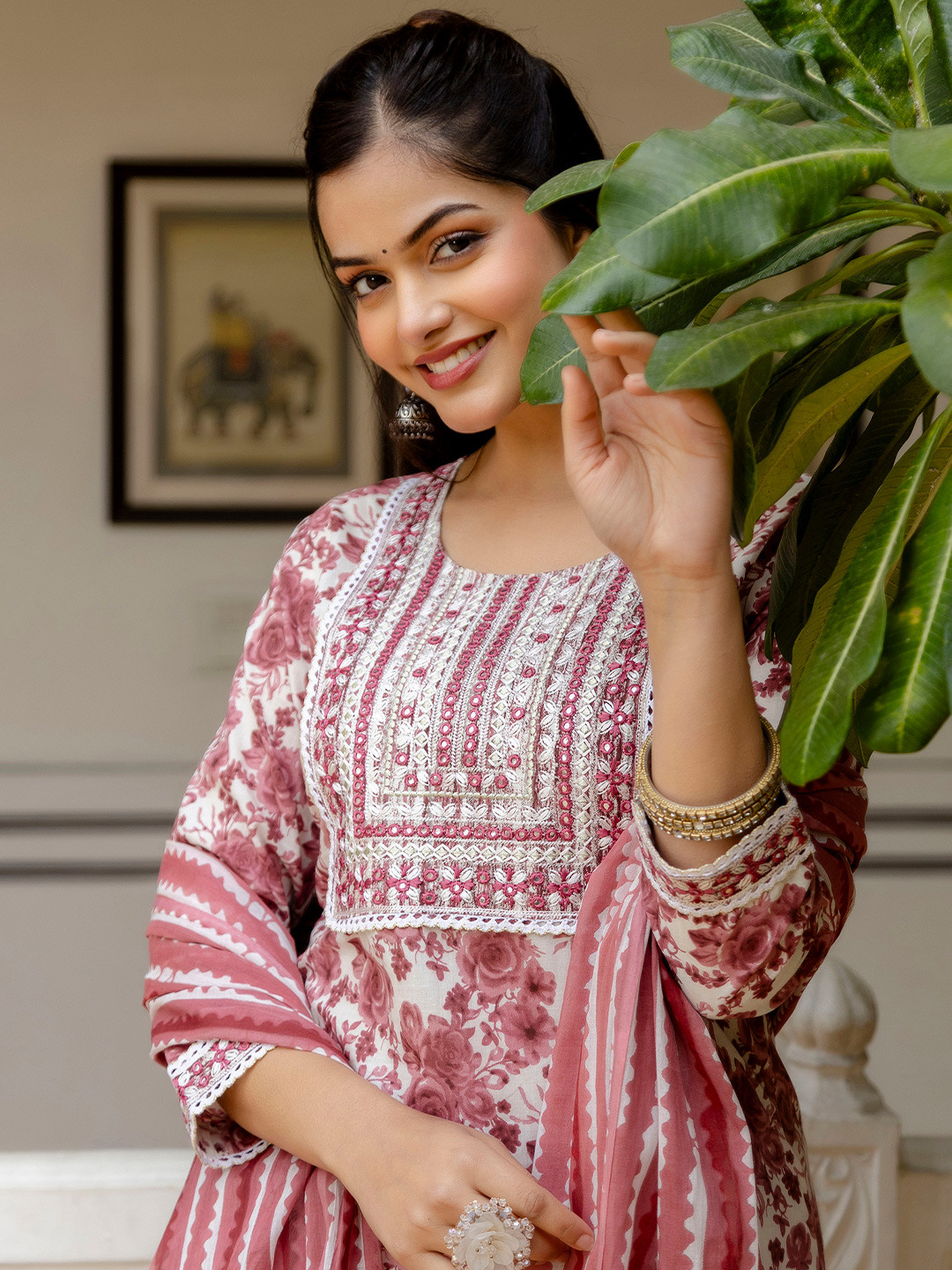 Buy EthniFlair Women Floral Printed Regular Mirror Work Pure Cotton Kurta With Patiala & With ...