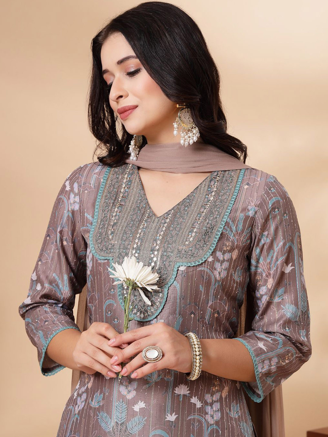 Buy Nayam By Lakshita Floral Printed Thread Work Straight Kurta With Trouser & Dupatta - Kurta ...