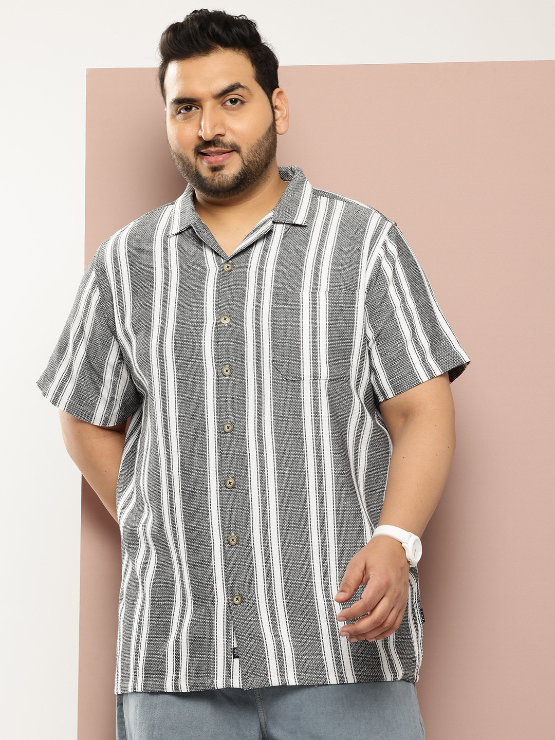 Buy Thomas Scott Men Plus Size Premium Striped Pure Cotton Casual Shirt ...