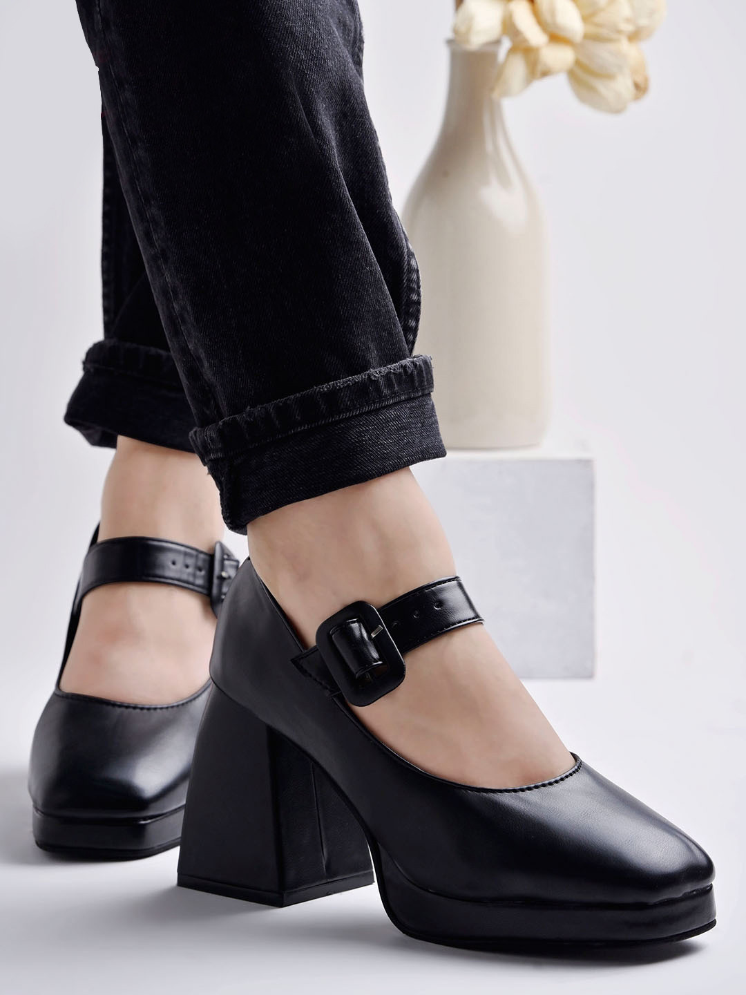 Buy Shoetopia Women Pointed Toe Block Heel Mary Janes With Buckles ...