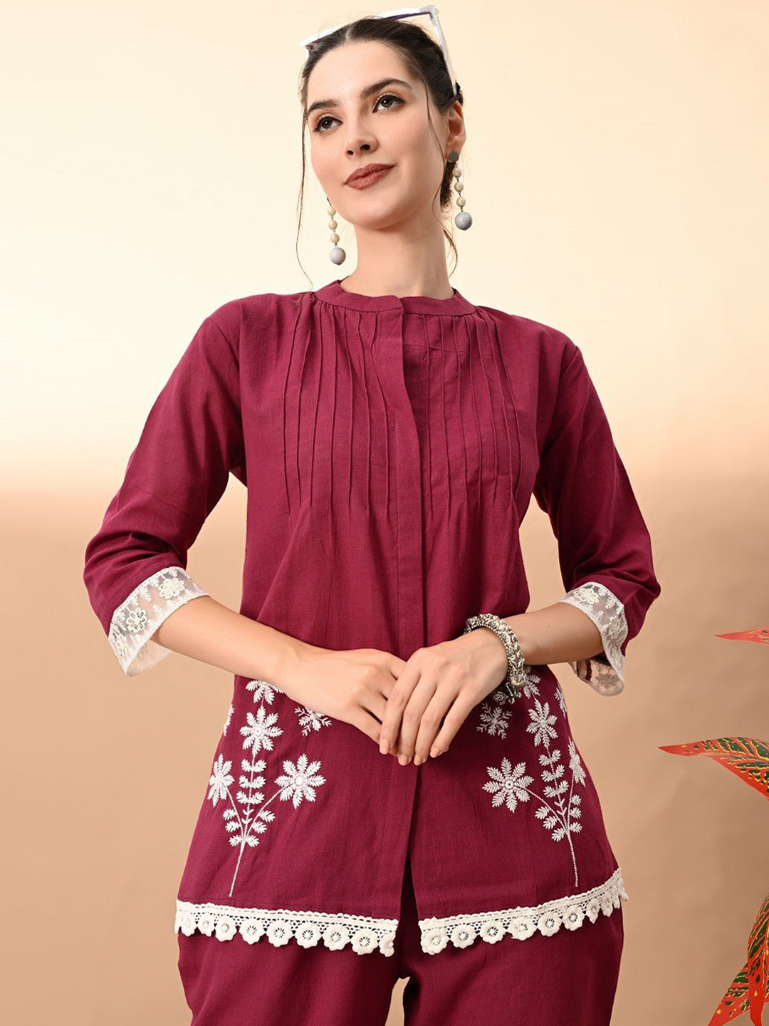 Buy DHROOV TARA Floral Embroidered Round Neck Three Quarter Sleeves Top With Trouser - Co Ords ...