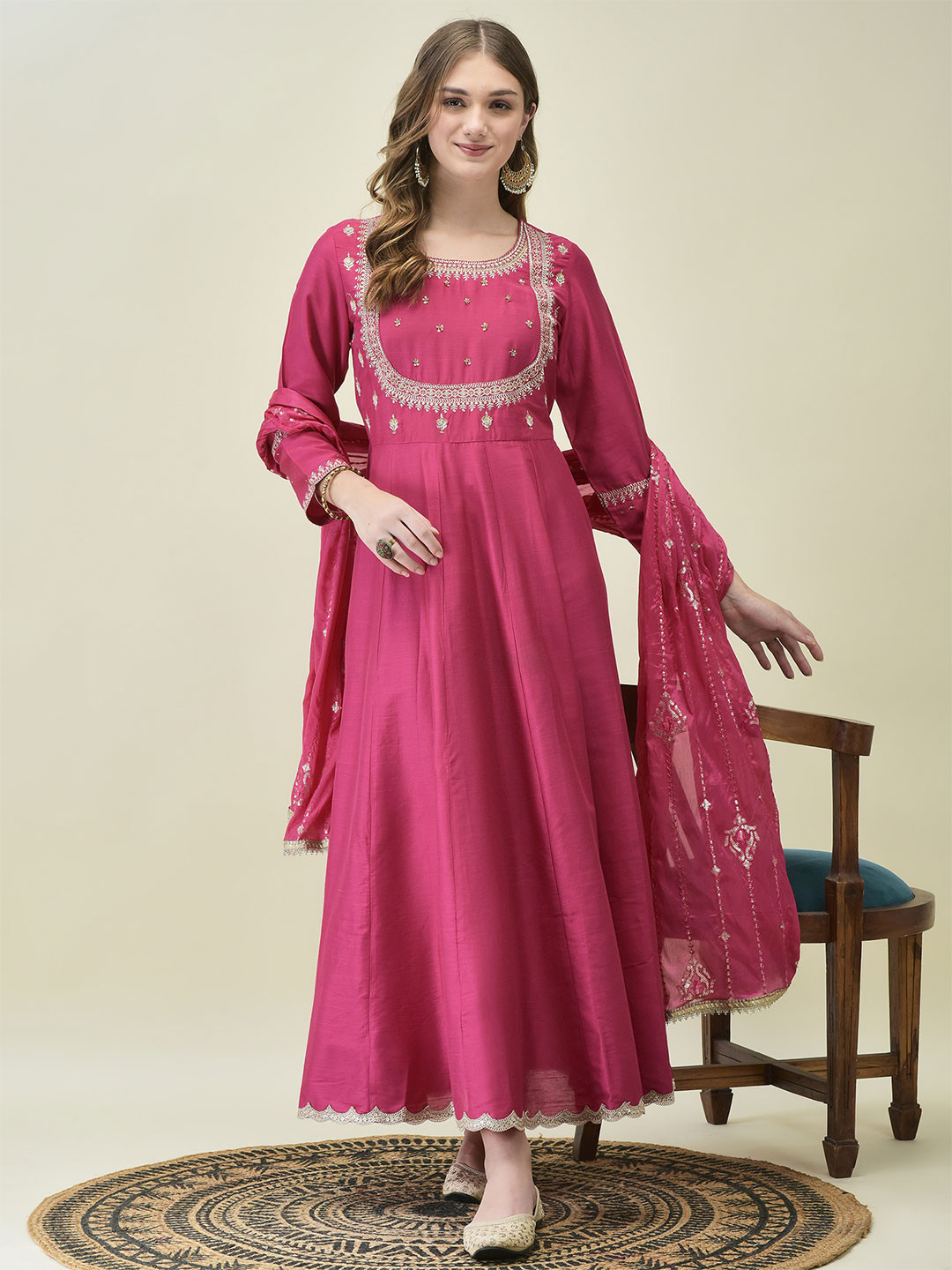 Buy Shree Women Embroidered Round Neck Fit & Flare Dress With Dupatta ...