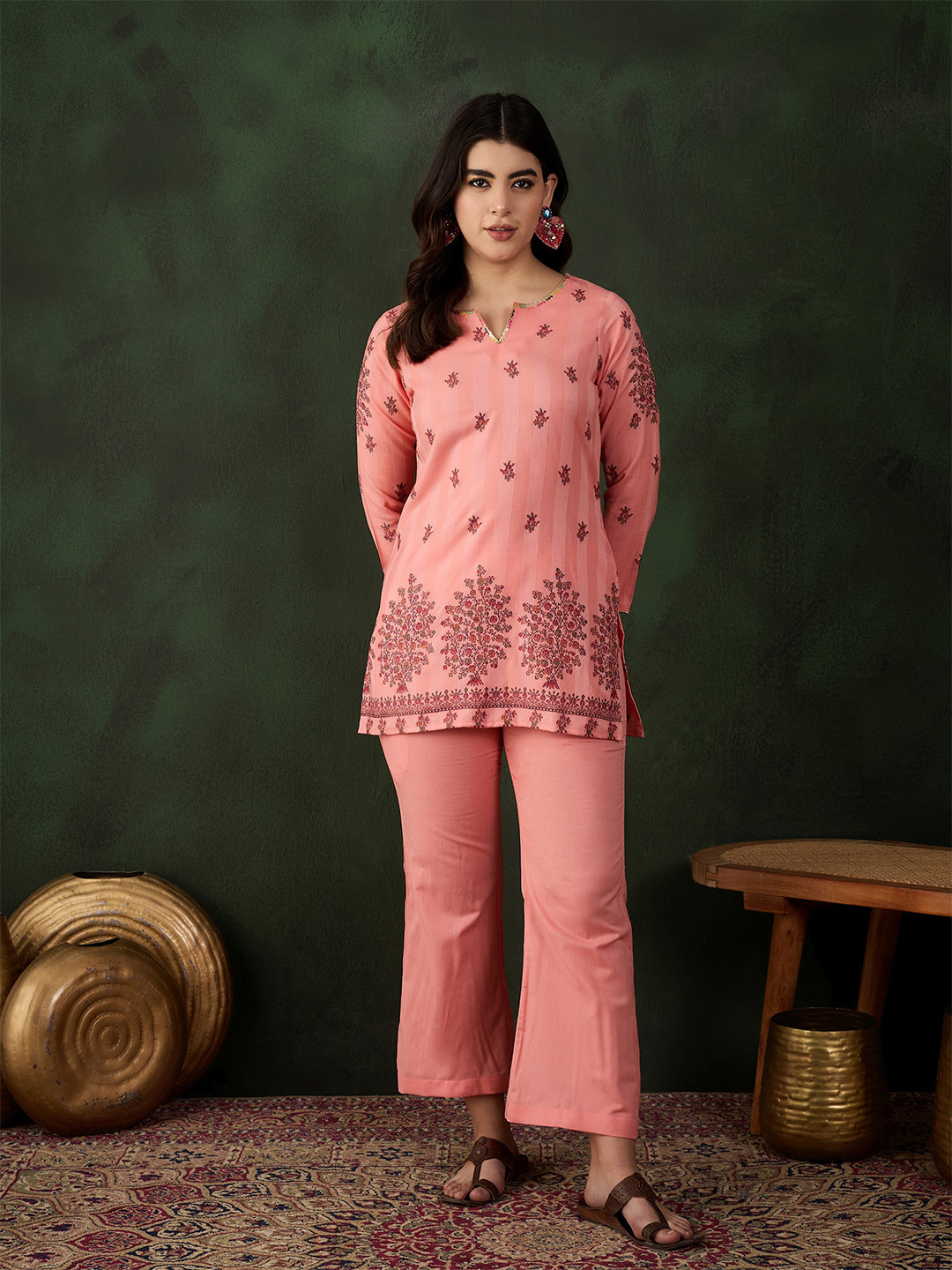 Buy Sangria Peach Floral Self Design Round Neck Three Quarter Sleeves ...