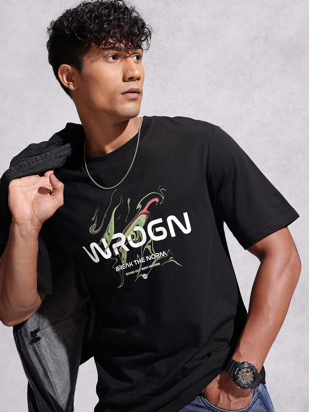 Buy WROGN Brand Logo Printed Drop Shoulder Sleeves Pure Cotton Comfort ...