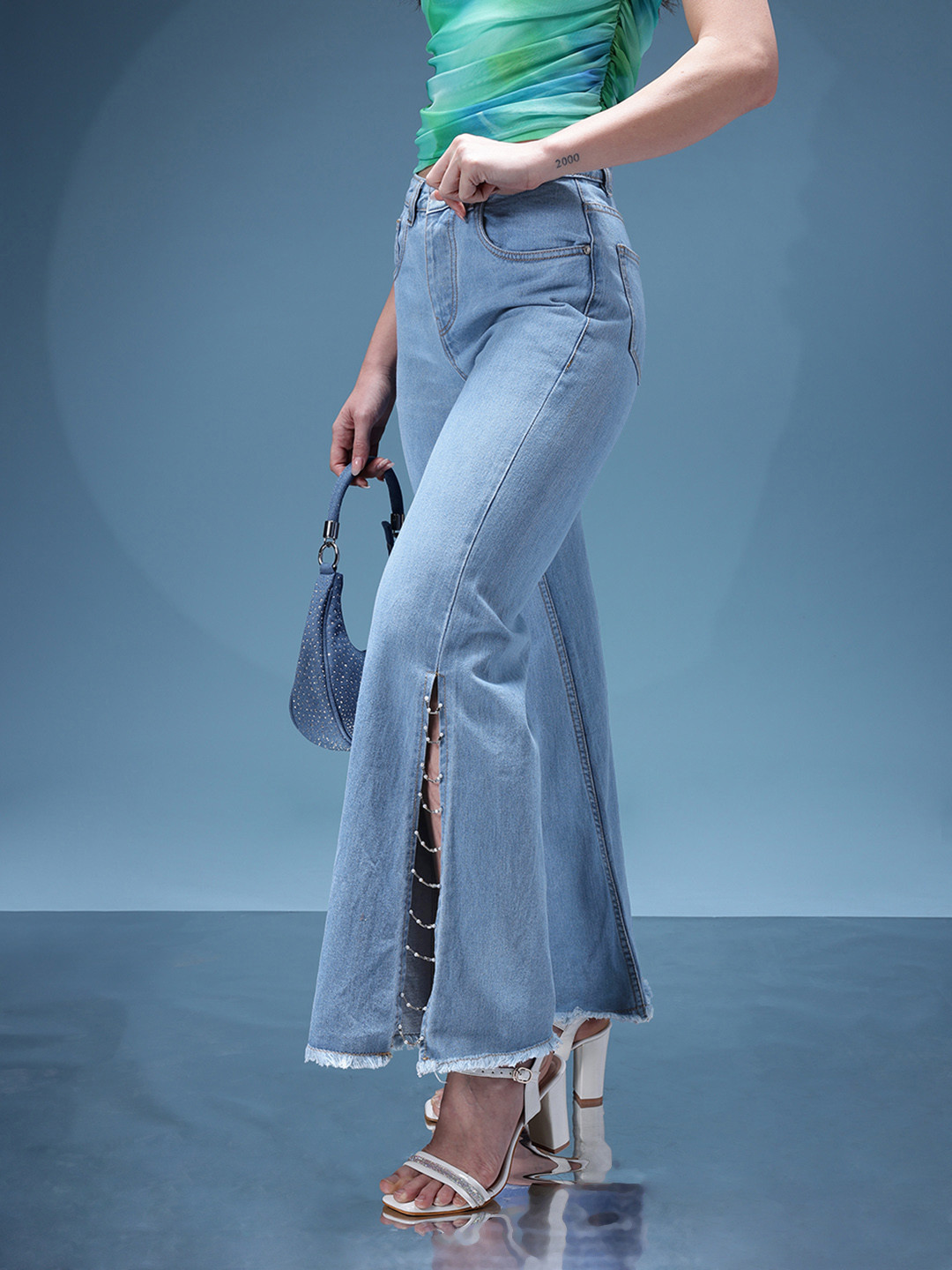 Buy Bebe Women Denim Daze Beaded High Rise Wide Leg Jeans With High ...