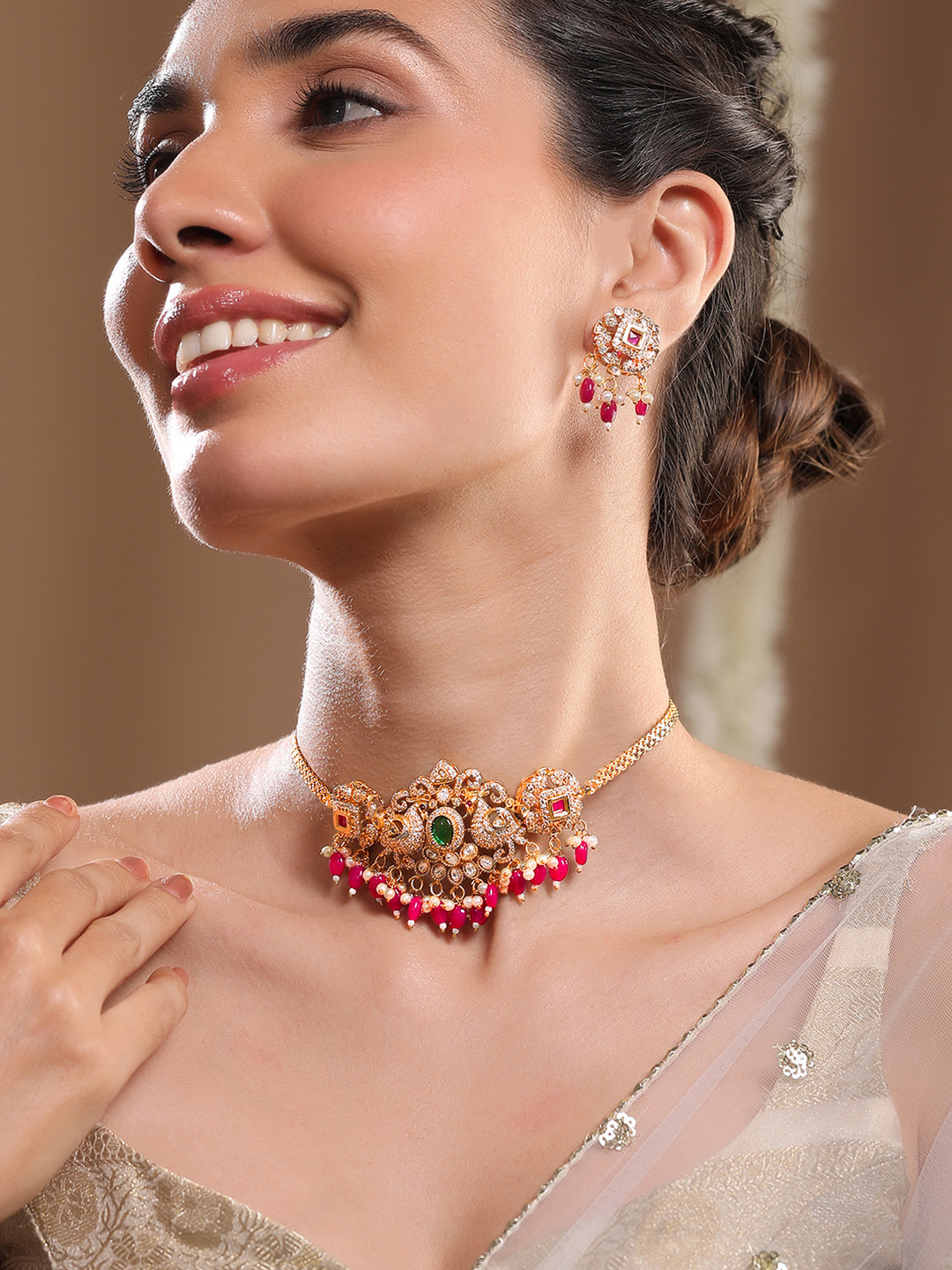 Buy Rubans 22K Gold Plated Ruby, Emerald & Cubic Zirconia Choker Set With Red & Pearl Beads ...