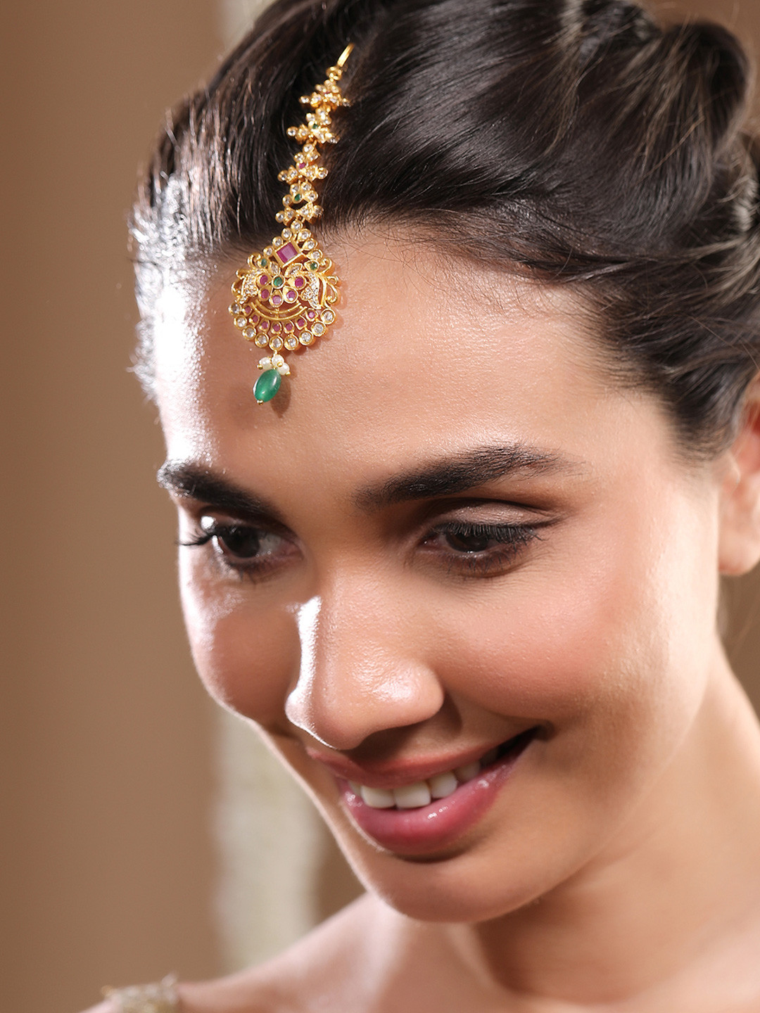 Buy Rubans 24K Gold Plated Bridal Maang Tikka With Ruby, Emerald, And ...