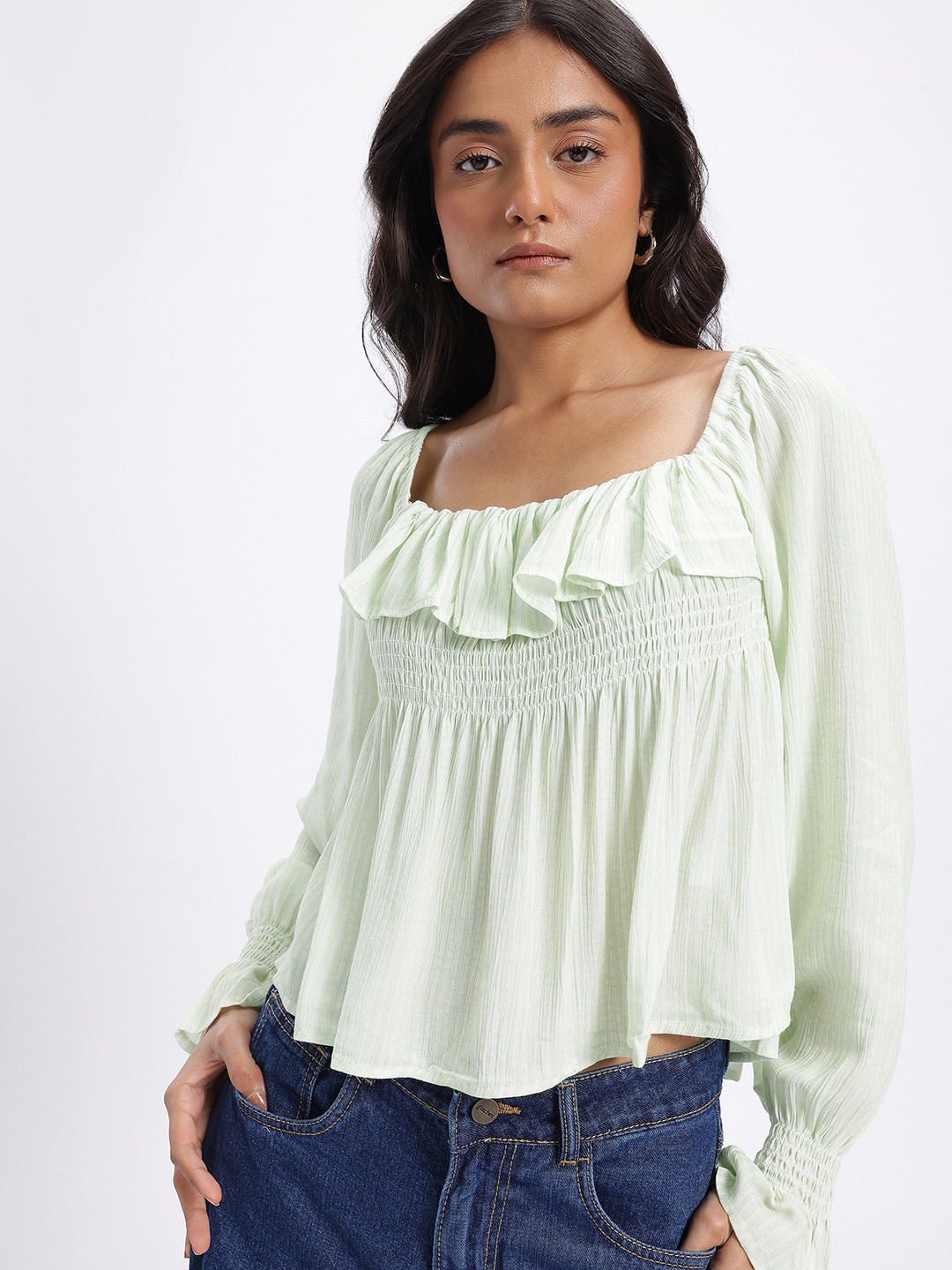 Buy Glitchez Abstract Print Ruffled Smocked Pleated Detail A Line Top ...