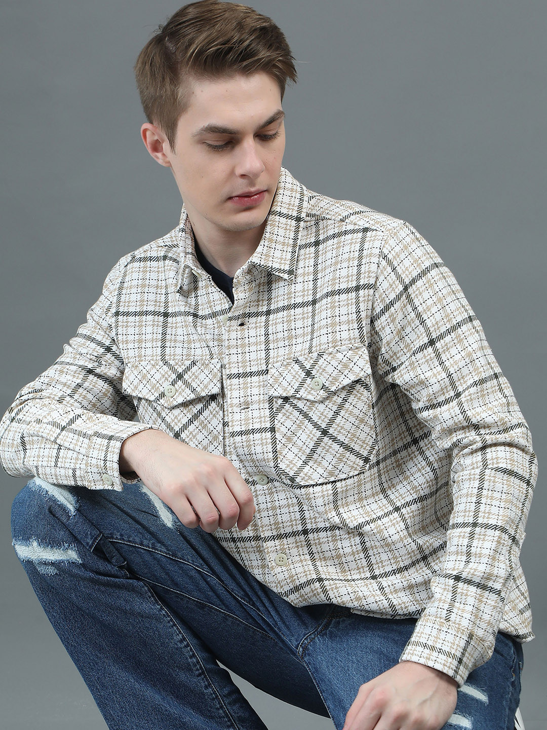 Buy StitchX Men Relaxed Fit Full Sleeve Textured Checkered Smart Collar ...